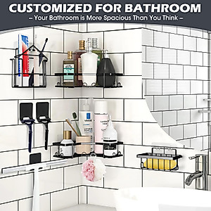 Corner Shower Caddy 7 Pack, Adhesive Stainless Steel Corner Shower Caddy, Shower Organizer Shower Rack with Holders & Shower Squeegee, Shower Shelves Storage Bathroom Organizers and Storage, Black