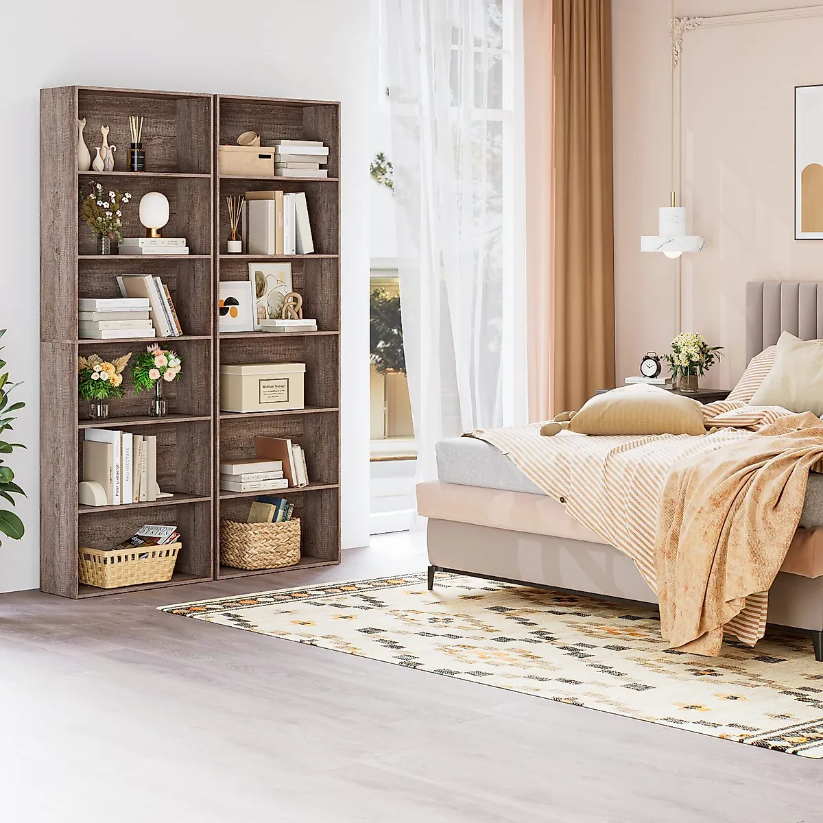 FOTOSOK 6-Tier Open Bookcase and Bookshelf, Freestanding Display Storage Shelves Tall Bookcase for Bedroom, Living Room and Office, Oak