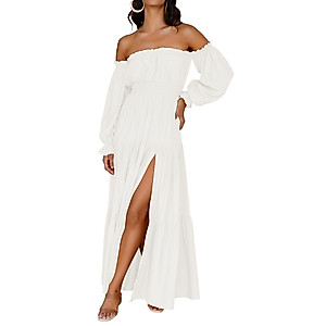 ZESICA Women's 2024 Boho Sexy Off Shoulder Long Sleeve Smocked High Waist Side Split Flowy A Line Tiered Long Maxi Dress,White,Medium