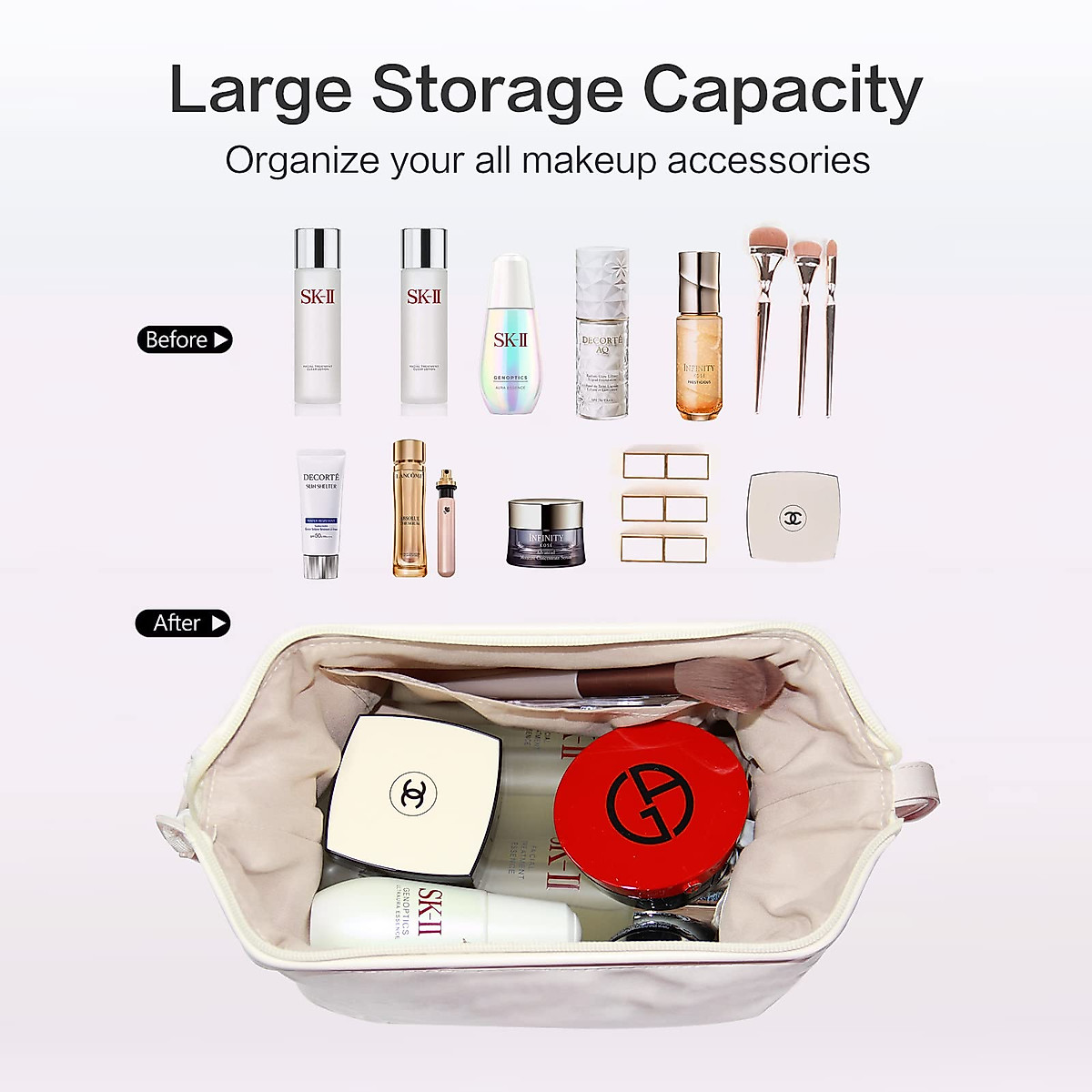 Simbuy Makeup Bag for Women, Zipper Pouch Travel Cosmetic Bag, Large Vegan Leather Make Up Bag Waterproof Toiletry Bag Organizer Gifts.White