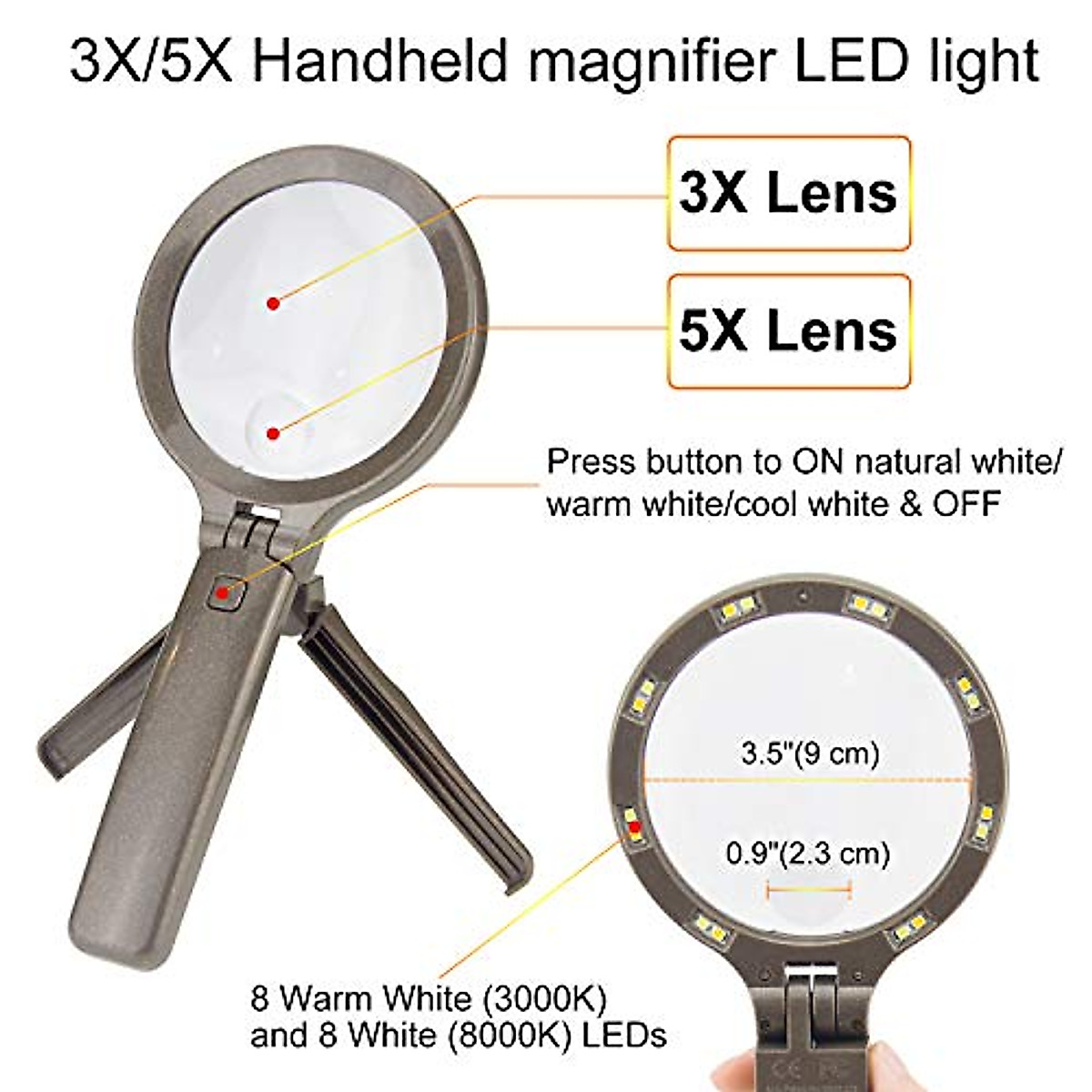 HONWELL Magnifying Glass with Light, Light and Handheld Magnifying Glass, Battery Powered Magnifying Glass for Reading, 3 Modes 16 LEDs Magnifier with 3X 5X Magnification for Inspection,Coins,Hobbies