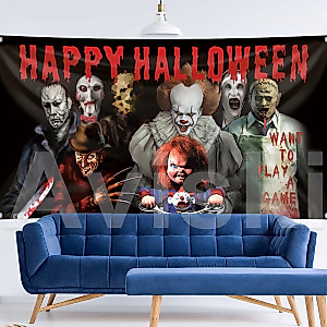 Horror Movie Classic Character Backdrop Banner, 78 × 43inch Halloween Party Background Large Backdrops Classic Movie Chainsaw Clown Horror Movie Supplies for Indoor Outdoor Photo Booth Props