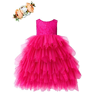 Cilucu Flower Girls Dress Kids Long Tiered Tulle Dresses Little Girls Birthday Party Ball Gown Baby Girls Princess Banquet Pageant Outfits Children Summer Boho Dress Hot Pink Size 3-4T