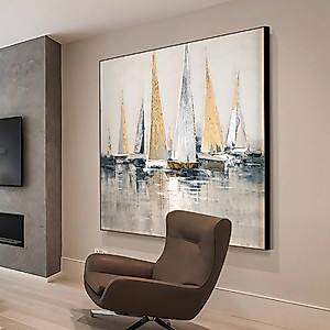 Oil Painting Hand Painted Gold Foil Sailboat On Canvas Painting Modern Decorative Paintings for Living Room,31inx31in,No Frame