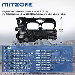 MITZONE N20 Engine Valve Cover with Gasket Bolts Kit, Oil Cap for BMW 2012-2018 528i 528i xDrive 328i 328i GT xDrive 320i x5 x3 X1 428i z4 2.0L Replace 11127588412