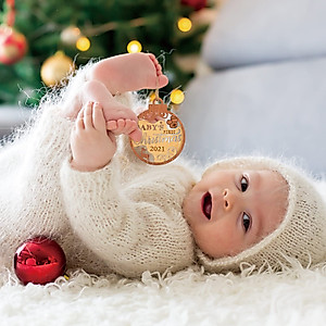 Creawoo Baby’s First Christmas 2021 Ornament, Wooden Christmas Tree Ornaments, Family Holiday 1st Xmas Keepsake Gift for New Born Baby Boys, Girls and New Parents with Hollowed Design