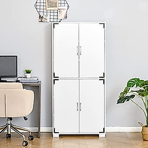 HOMCOM Industrial Kitchen Pantry Cabinet with 4 Doors and Storage Shelves, Freestanding Storage Cabinet, White