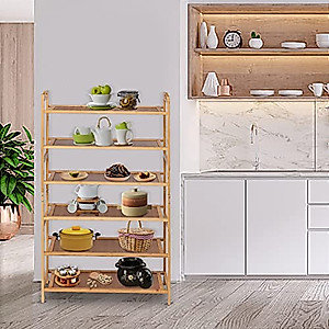 KUJOBUY Bamboo Shoe Rack 6 Tier Natural Wooden Rack Multipurpose Storage Organizer Free Standing Shelves Books Flowerpots Plants Entryway Closet