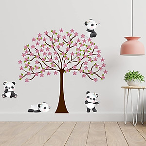 Panda Cherry Blossom Tree Wall Decal Baby Animals Nursery Wall Stickers Art Panda Kids Room Wall Decor