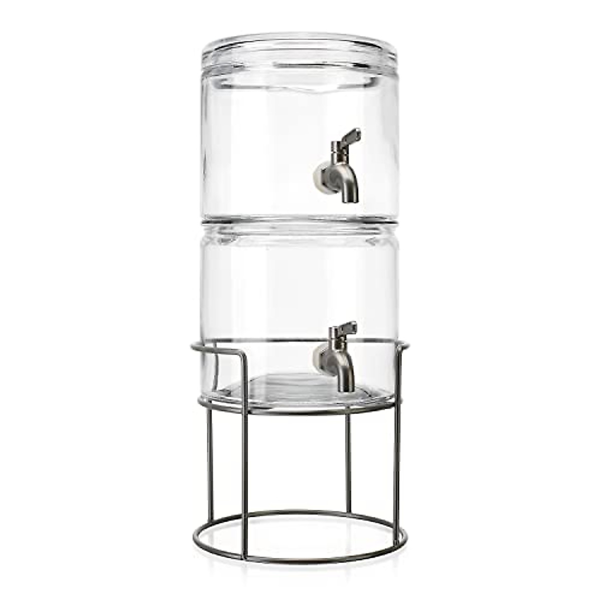 Set Of Two (2) 1 Gallon Each Stacked Quality Ice Cold Clear Glass Jug Beverage Dispensers With Metal Caddy Display With Easy Fill Spigot- Great For Outdoors, Parties, Bars & Daily Use
