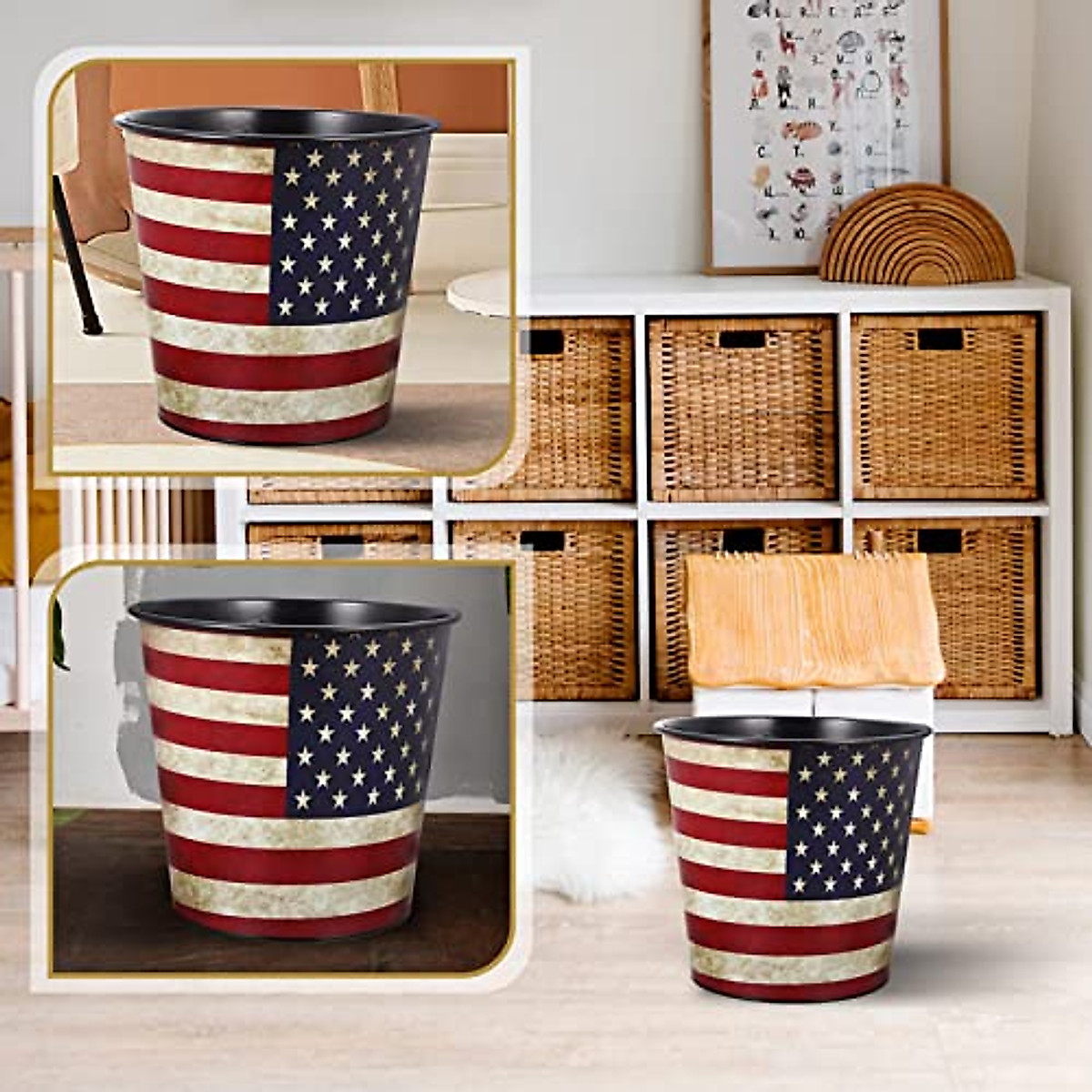 Angoily Vintage Trash Can American Flag Trash Can Wastebasket Garbage Bin Retro Waste Toilet Paper Bin Basket for Bathroom Bedroom Office
