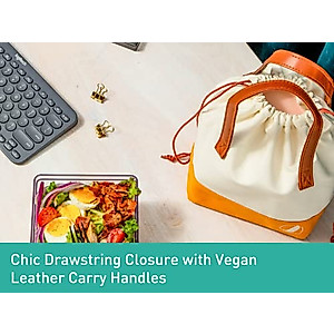 PrepdeckGO Lunch Bag - Stylish, Compact Adult Lunch Tote - Roomy & Lightly Insulated Interior - Drawstring Bag Closure & Vegan Leather Handles - Easy to Clean - Perfect for Work, Picnic, or Travel
