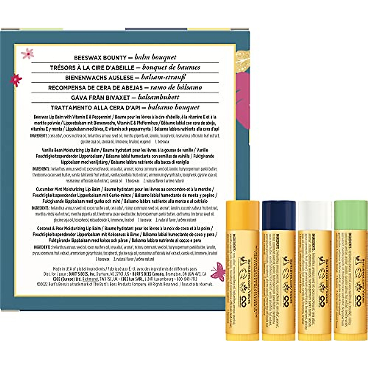 Burt's Bees Gifts, 4 Lip Balm Products, Balm Bouquet Spring Set - Classic Beeswax, Vanilla Bean, Cucumber Mint & Coconut Pear (4 Pack)