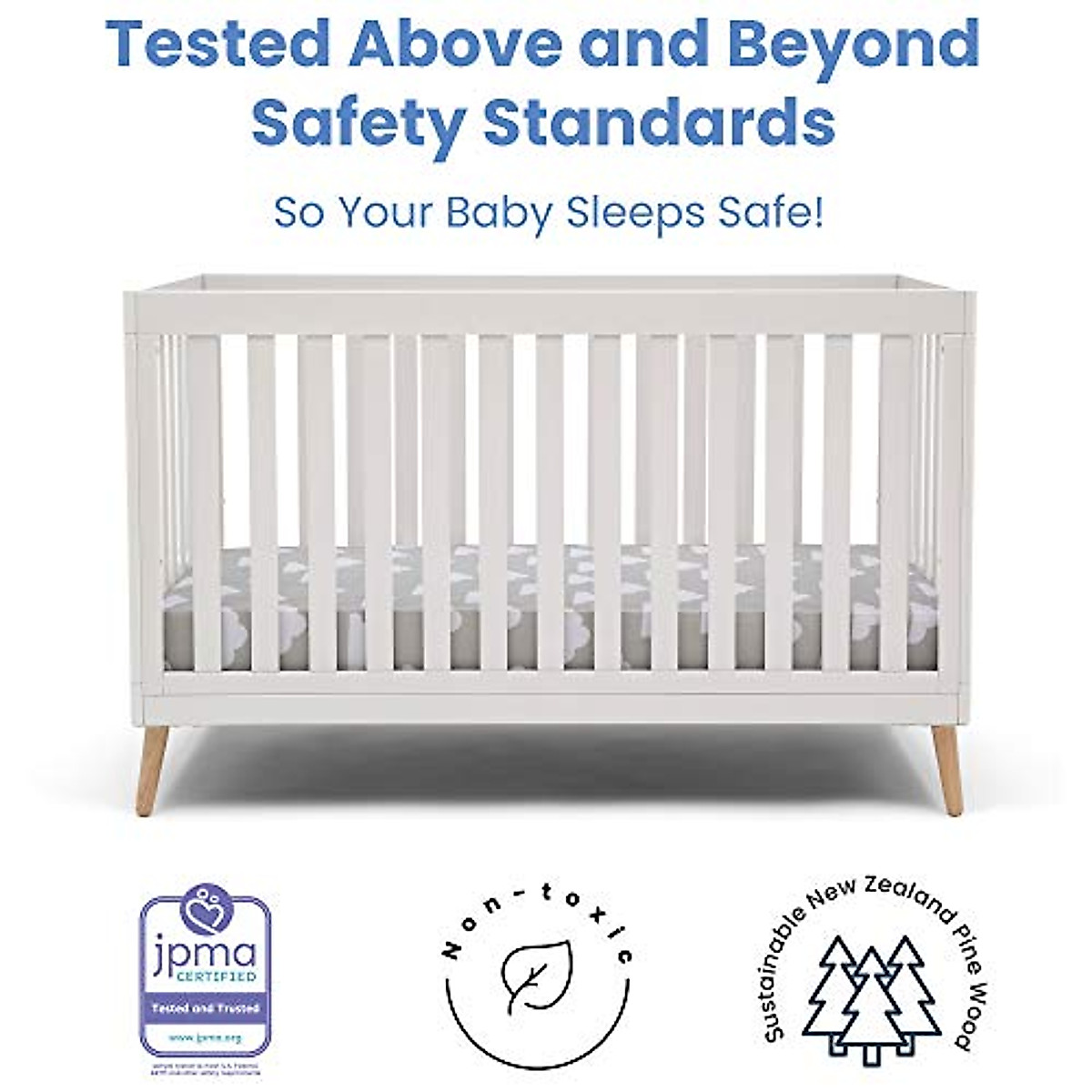 Delta Children Essex 4-in-1 Convertible Baby Crib, Bianca White with Natural Legs + Delta Children Twinkle Galaxy Dual Sided Recycled Fiber Core Crib and Toddler Mattress (Bundle)