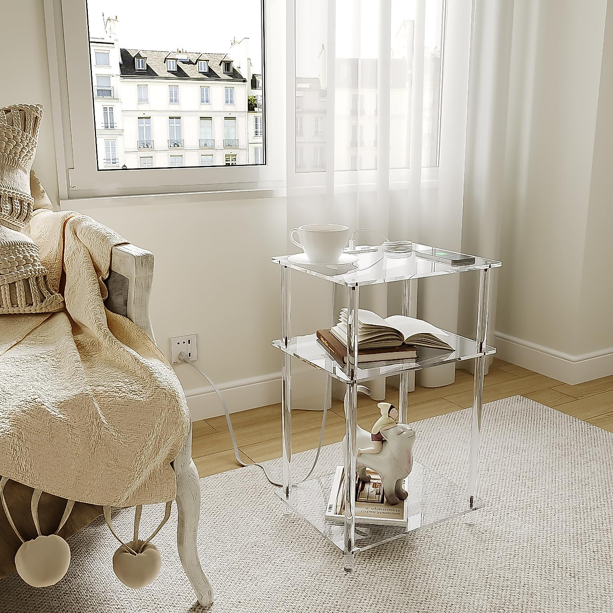 Eglaf Acrylic Side Table with Charging Station - Clear Nightstand End Table with USB Ports and Outlets - Small Bedside Table for Bedroom, Living Room, 15'' L x 11.8'' W x 23.6'' H, 3 Tier