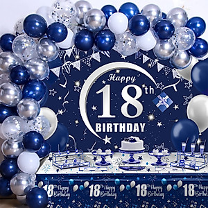 Navy Blue 18th Birthday Decorations for Boys and Girls, Happy 18th Birthday Backdrop, Tablecloth, Balloons Garland Arch Kit - 18th Birthday Banner Party Supplies Bday Decor for 18 Year Old