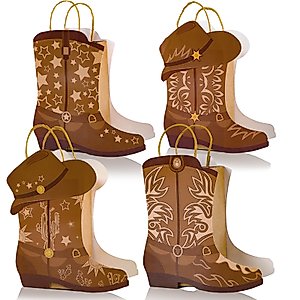 24Pcs Cowboy Boots Paper Bags Western Theme Party Decorations Favors Wild West Kraft Gift Bag with Handles Rodeo Cowgirl Boot Hat Goodie Bag for Cowboy Birthday Bachelorette Baby Shower Party Supplies