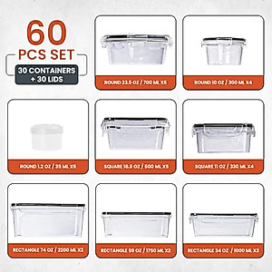 RFAQK 60 Pcs Food Storage Containers with Lids Airtight-75 OZ to 1.2 OZ(30 Containers & 30 Lids)100% BPA-Free Clear Plastic Reusable Meal-Prep Containers-Microwave,Dishwasher Safe with Labels & Marker