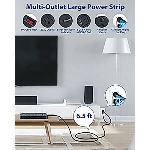 Power Strip Surge Protector, FDTEK Multi Plug Outlet with 22 AC Outlets and 6 USB 1875W/15A 2100 Joules 6.5Ft Flat Plug Extension Cord Heavy Duty Large Power Strip for Home, Office, Dorm, Gaming Room
