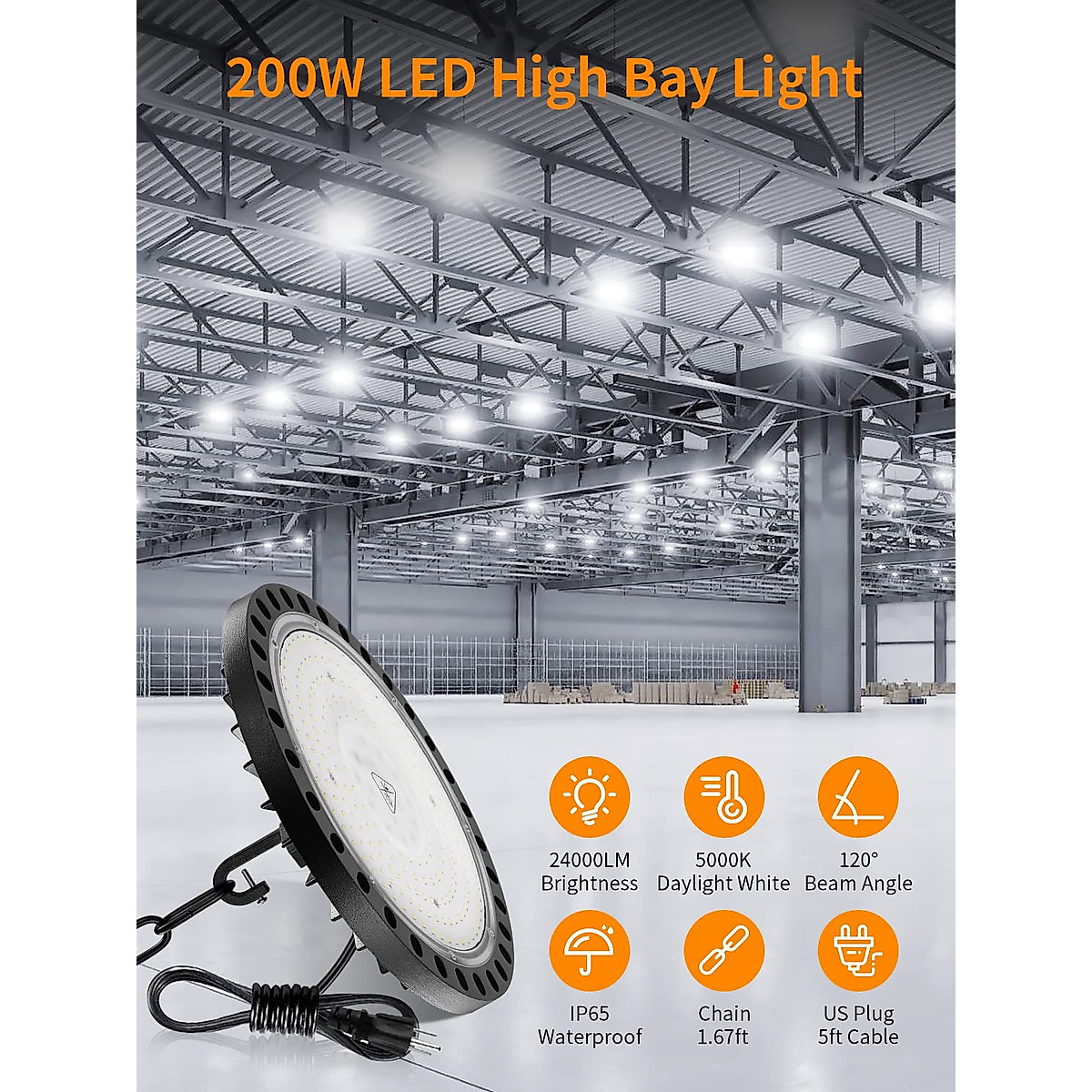 LED High Bay Light, 200W UFO LED High Bay Lights, 24000LM 5000K LED Shop Lights with US Plug 5' Cable Bay Lights, IP65 Warehouse Light, Area Light Bay Lighting for Shop Garage Warehouse Workshop(2)