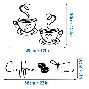 CUNYA 2 Sets Kitchen Wall Decor Stickers, Cups Coffee Time Quotes Decals with Beans Mural, Peel and Stick Wallpaper, DIY Removable Wall Art Decals Mural Posters Home Decor