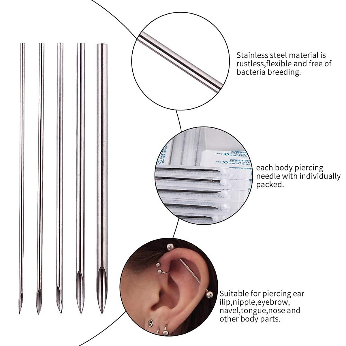 TC 100pcs Tattoo Piercing Needle with Body Ear Navel Nipple For piercing Supplies (10G)