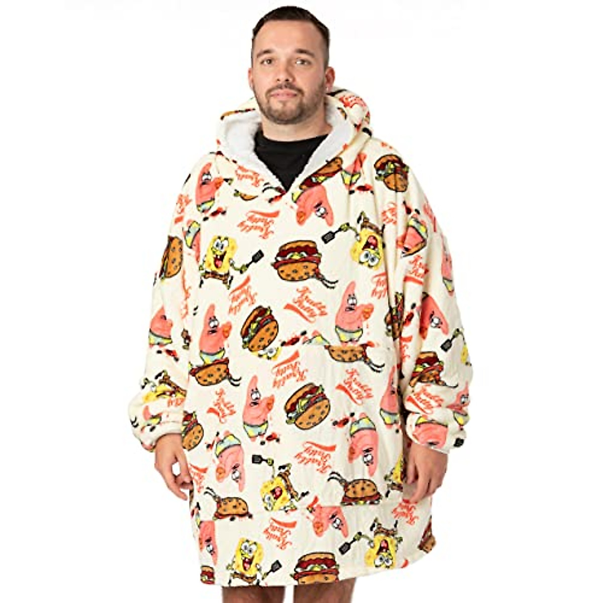 SpongeBob SquarePants Oversized Blanket Hoodie Adults Mens Sherpa Fleece One Size Cream