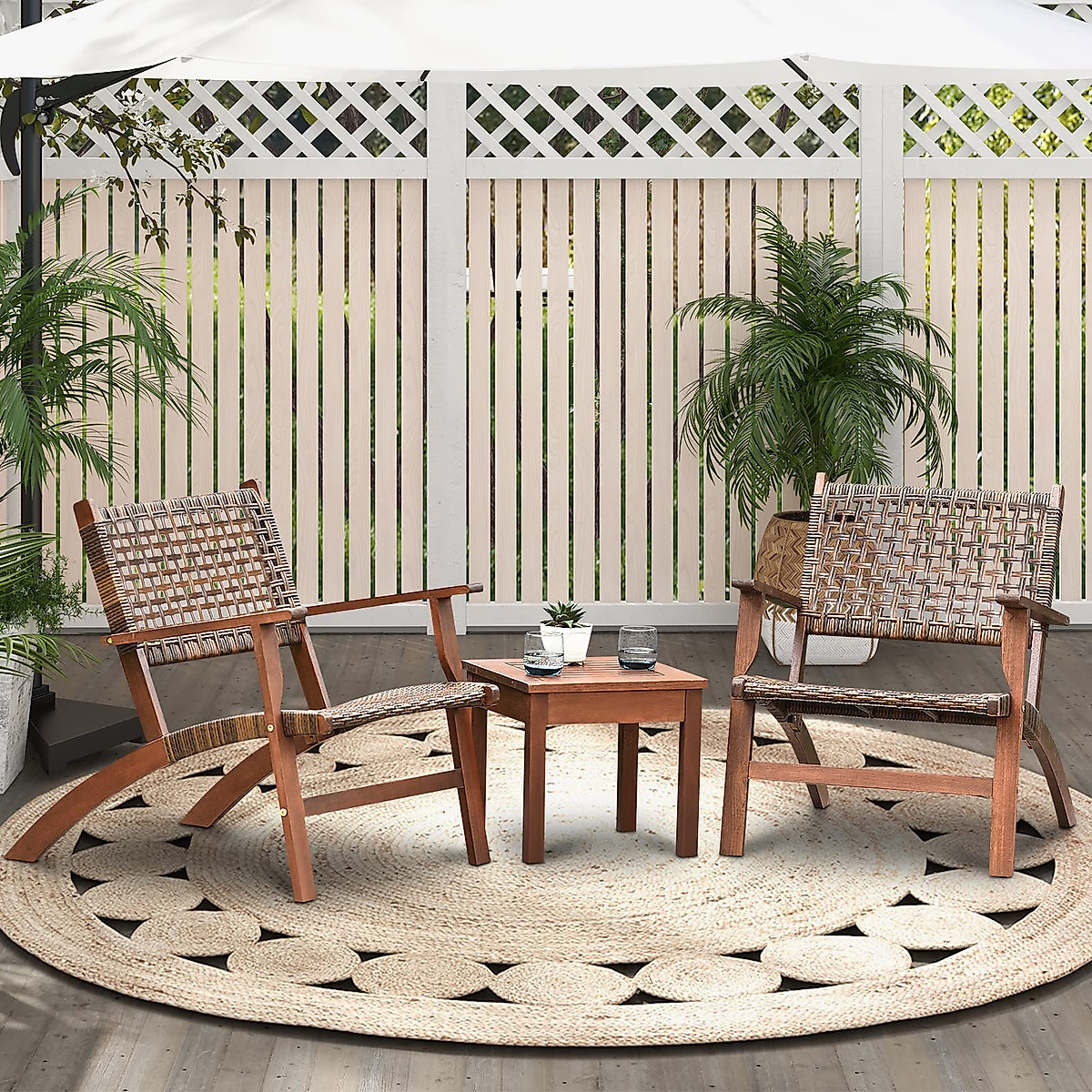 RELAX4LIFE 3-Pieces Porch Bistro Set - Outdoor Eucalyptus Wood Patio Furniture Set with Coffee Table, Outside Rattan Chairs for Poolside, Balcony, Garden, Deck, Hand-Woven PE Wicker Conversation Set