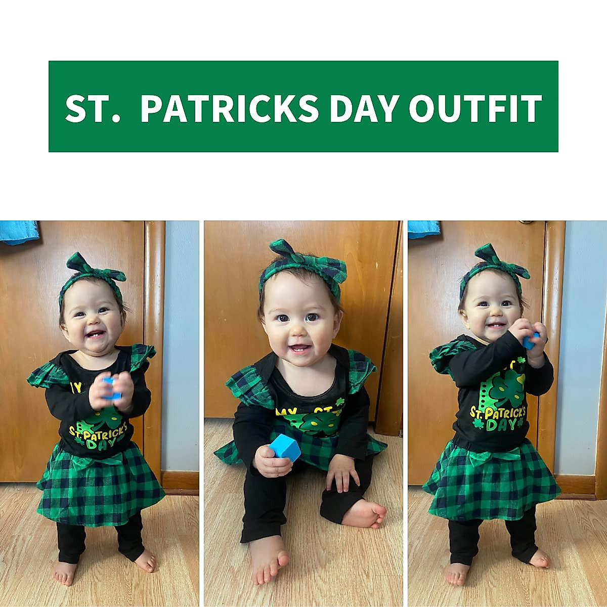 Aalizzwell Baby Girl St. Patricks Day Outfit, Infant Girls St Paddys Day Bodysuit Pants Shamrock Clover Clothes 6-12 Months Black