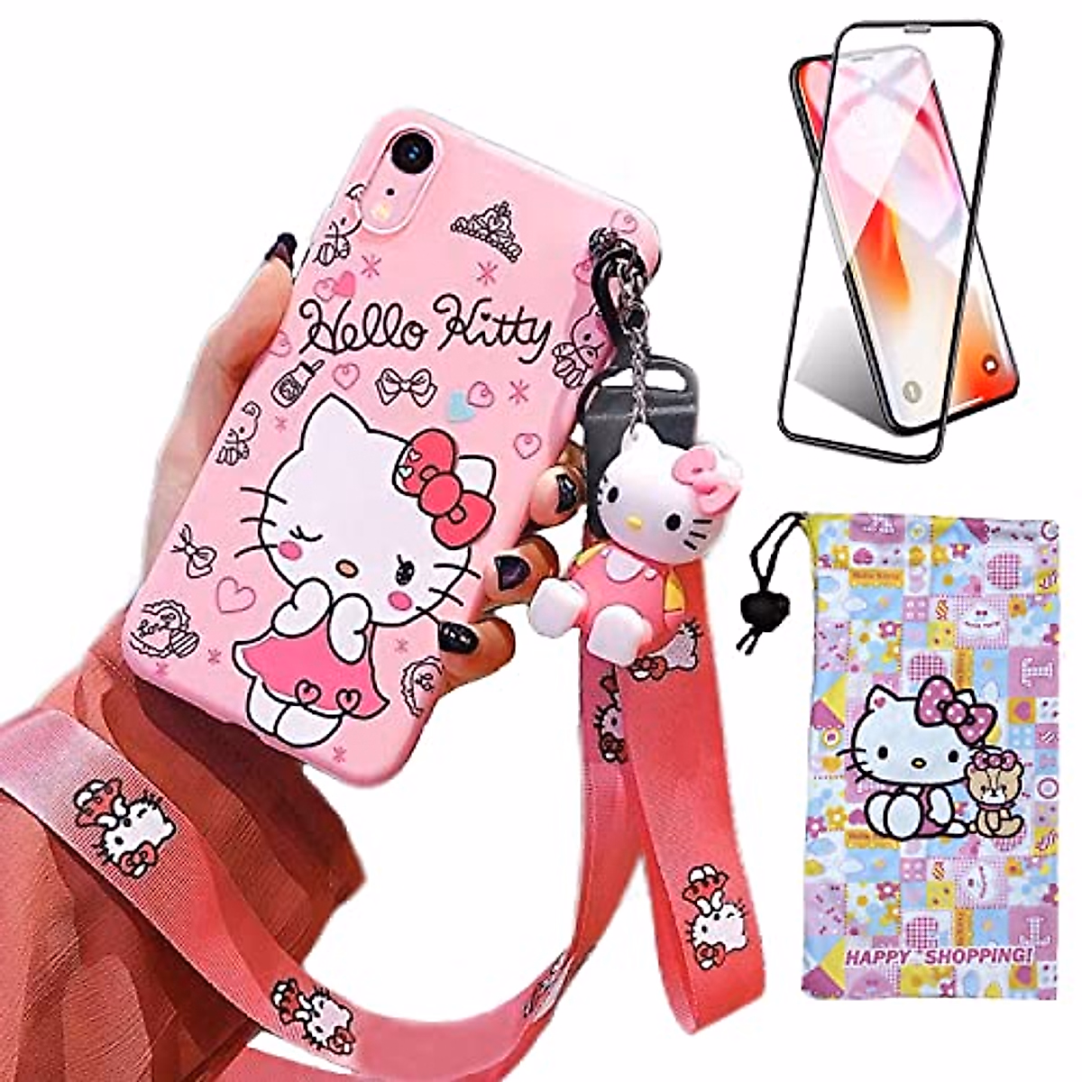 Ealievor Compatible with iPhone XR Case with Screen Protector, Cartoon Cute Funny Kawaii Cat Kitty Animal Character Phone Case Silicone Lanyard 3D Cover Case for Kids Girls and Womens