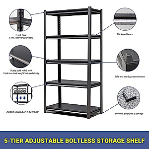 2000LBS Capacity 5-Tier Metal Storage Shelves, Adjustable Garage Shelving Unit, Heavy Duty Shelves Organization Multipurpose Storage Shelf Warehouse Basement Kitchen Living Room, 31.5"W x15.7"D x63"H
