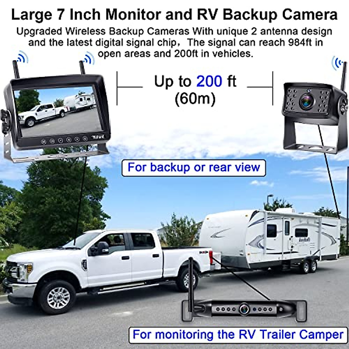 Rohent RV Backup Camera Wireless HD 1080P Bluetooth Trailer Rear View 7 Inch Monitor Recording Waterproof Four Channels Pigtail Wire Adapter for Furrion Pre-Wired RVs R5