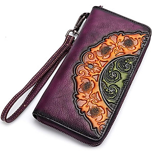 IVTG Genuine Leather Wallets for Women Long Purse Vintage Embossing Cowhide Handmade Small Clutch (Purple)