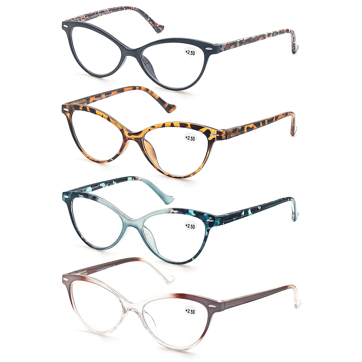 MODFANS 4 Pack Cat Eye 1.5 Reading Glasses for Women,Fashion Ladies Design Comfortable Spring Hinge Stylish 4 Pair Women Readers with 4 Pouch