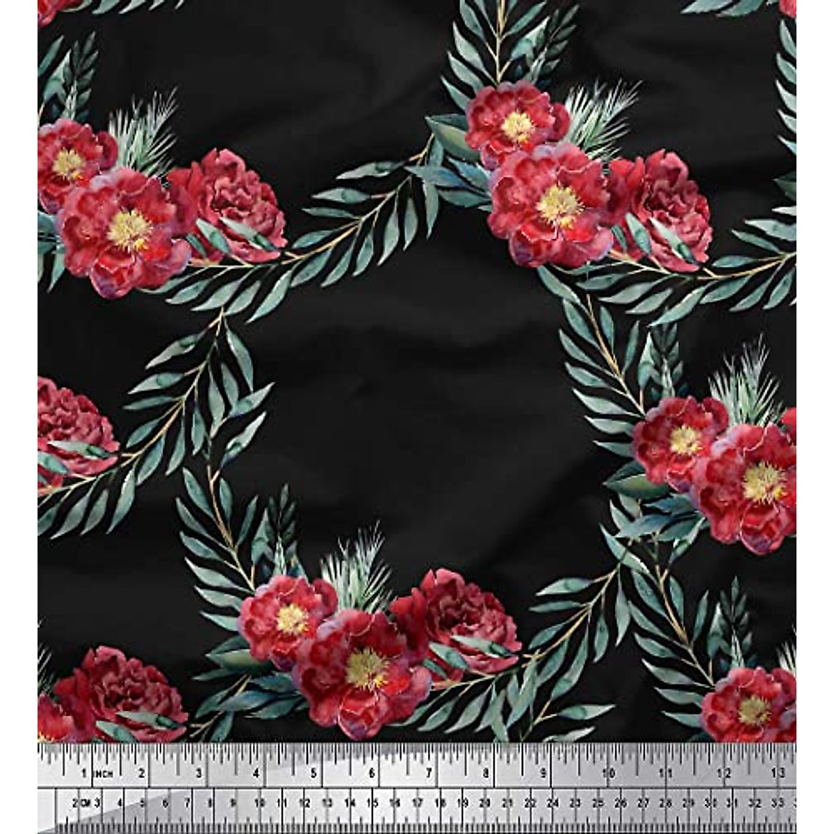 Soimoi Black Cotton Canvas Fabric Leaves & Peony Floral Print Sewing Fabric Yard 44 Inch Wide