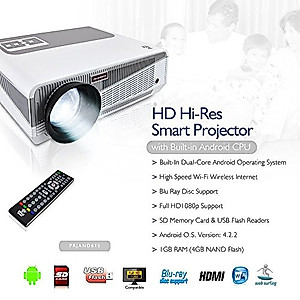 Full HD 1080p Hi-Res Mini Portable Smart Video Cinema Home Theater Projector - Built-In Dual Core Android Computer, WiFi Wireless Multimedia, LCD+LED, HDMI & USB Inputs for Blu Ray PC Laptop & TV