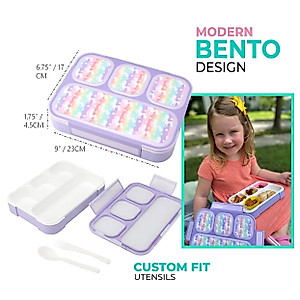Unicorn Bento Lunch Box for Girls, Kids | Snack Containers with 4 Compartment Dividers, Boxes for Toddlers Pre-School Daycare Tween Lunches BPA Free, Food and Microwave Safe | Purple Rainbow Unicornio