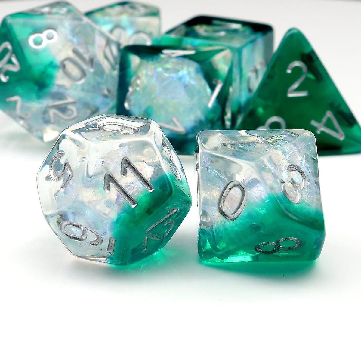 Haxtec Resin DND Dice Set 7PCS Green Clear Mylar Galaxy Polyhedral D&D Dice for Roleplaying Dice Games as Dungeons and Dragons