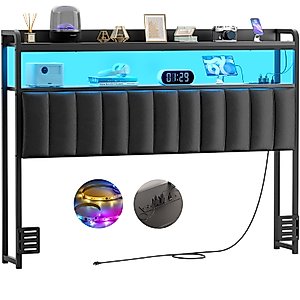 Aheaplus Headboard for Full Size Bed Frame, Upholstered Headboards with Outlets, USB Ports and LED Light, Leather Head Board with Storage, Height Adjustable, Comfortable Headboard, Full Size, Black