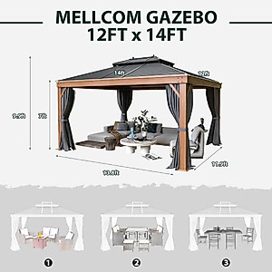 MELLCOM 12'x14' Hardtop Gazebo, Wooden Finish Coated Aluminum Frame Gazebo with Galvanized Steel Double Roof, Metal Gazebo with Curtains and Nettings for Patios, Gardens, Lawns