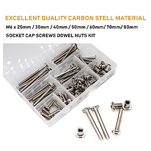 binifiMux 100pcs Rivet Countersunk Hex Socket Cap Bolts and Hex Head Barrel Nuts Assortment Kit for Furnitures Cribs Chairs, M6x20mm/ 30mm/ 40mm/ 50mm/ 60mm/ 70mm/ 80mm,Nickel Plated