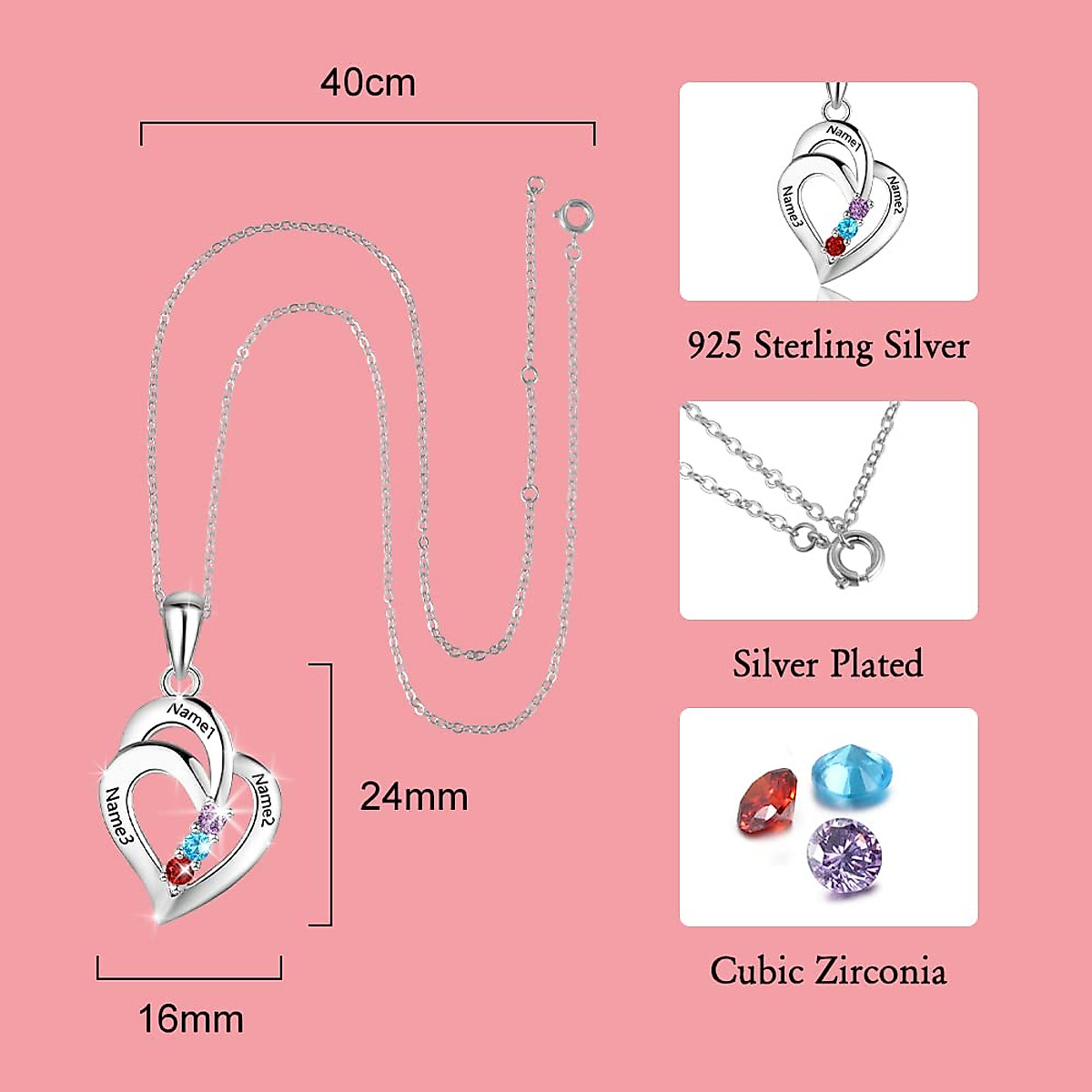 Name Necklace for Women Personalized Mothers Day Gifts for Mom Birthstone Necklace for Mother Daughter Custom Gifts for Women Wife Girlfriend (Engrave Name, 3 stone-1)