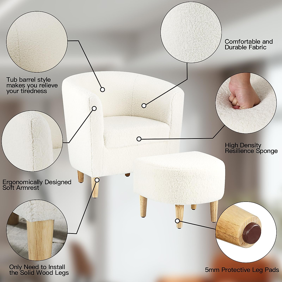 DAZONE Sherpa Chair, Accent White Fluffy Chair Teddy Barrel Chair with Ottoman Comfy ArmChair Footrest Set For Living Room Upholstered Club Tub Sofa Chair for Bedroom Reading Room