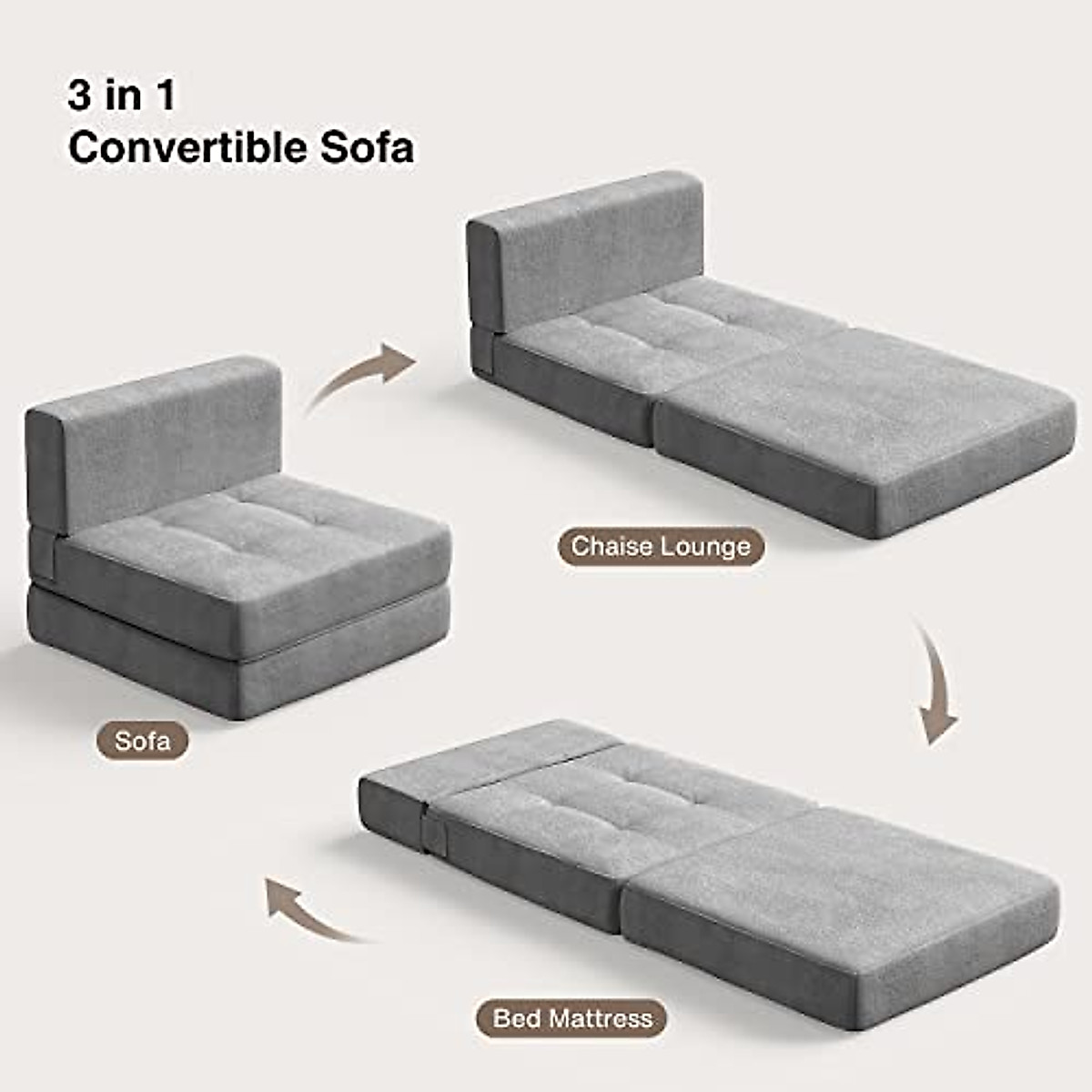 Aiho Folding Sleeper Sofa Chair Bed, Memory Foam Floor Couch , Modern Linen Fabric Removable Cover, for Living Room/Apartment/Dorm/Loft (Light Grey)