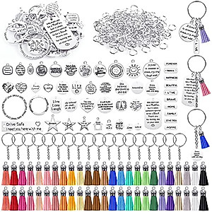 350Pcs Motivational Keychain Accessories Set with 50 Engraved Inspirational Words Charms, 50 Leather Keychain Tassels, 50 Keyring with Chain, 200 Open Jump Rings for Keychain Making, DIY Crafting