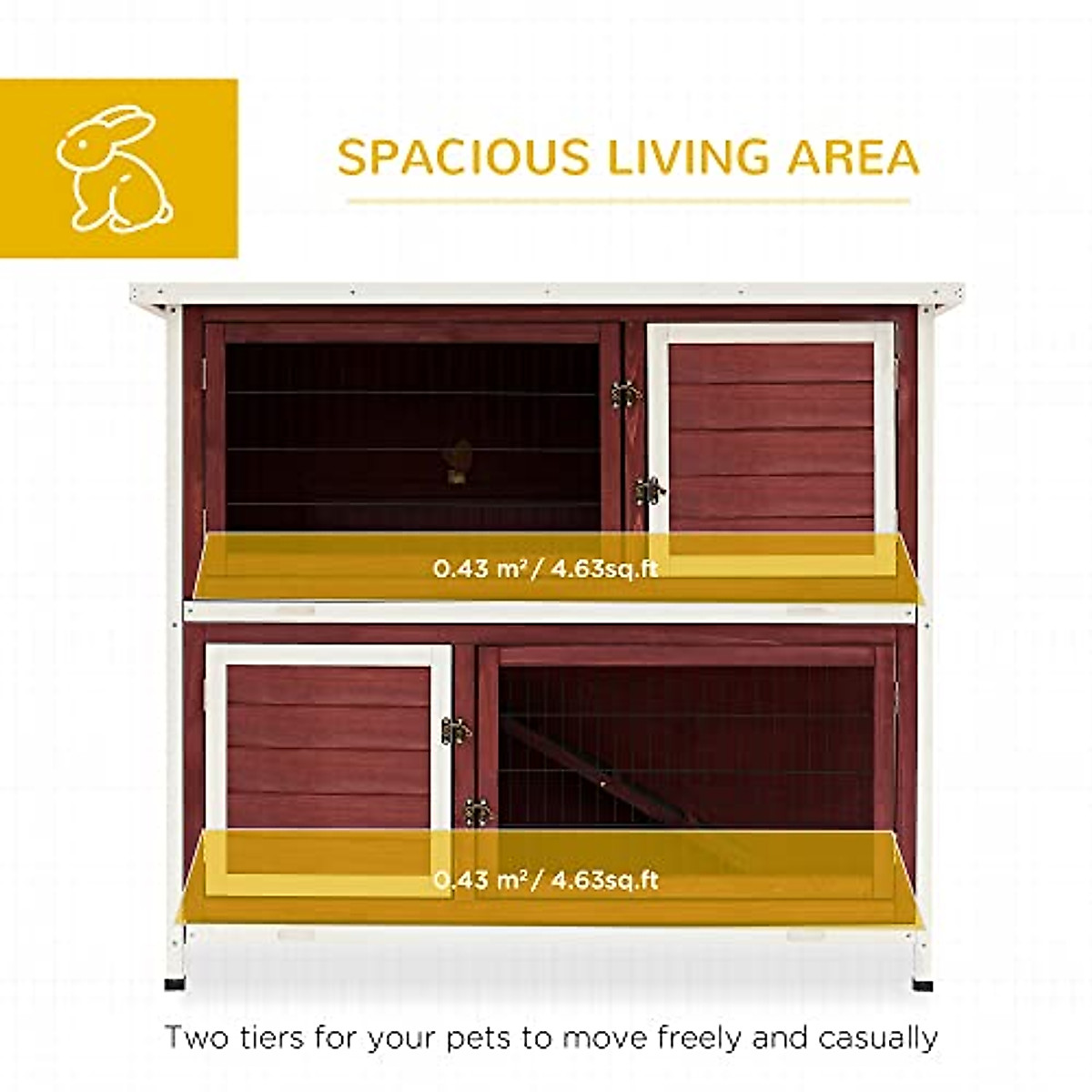 PawHut 48" 2-Story Wooden Rabbit Hutch Elevated Bunny Cage Small Animal Habitat Guinea Pig House with Ramp, No Leak Tray and Weatherproof & Openable Top, Outdoor/Indoor