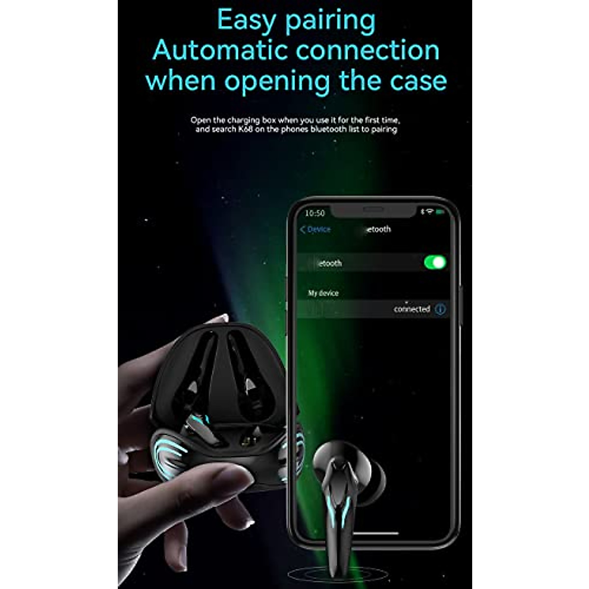 KENKUO Wireless Gaming Earbuds, Active Noise Cancelling Bluetooth Headphones, 60ms Ultra Low-Latency for Gaming, ENC Call Noise Cancelling Bluetooth 5.1 with Deep Bass, IPX6 Waterproof, Black