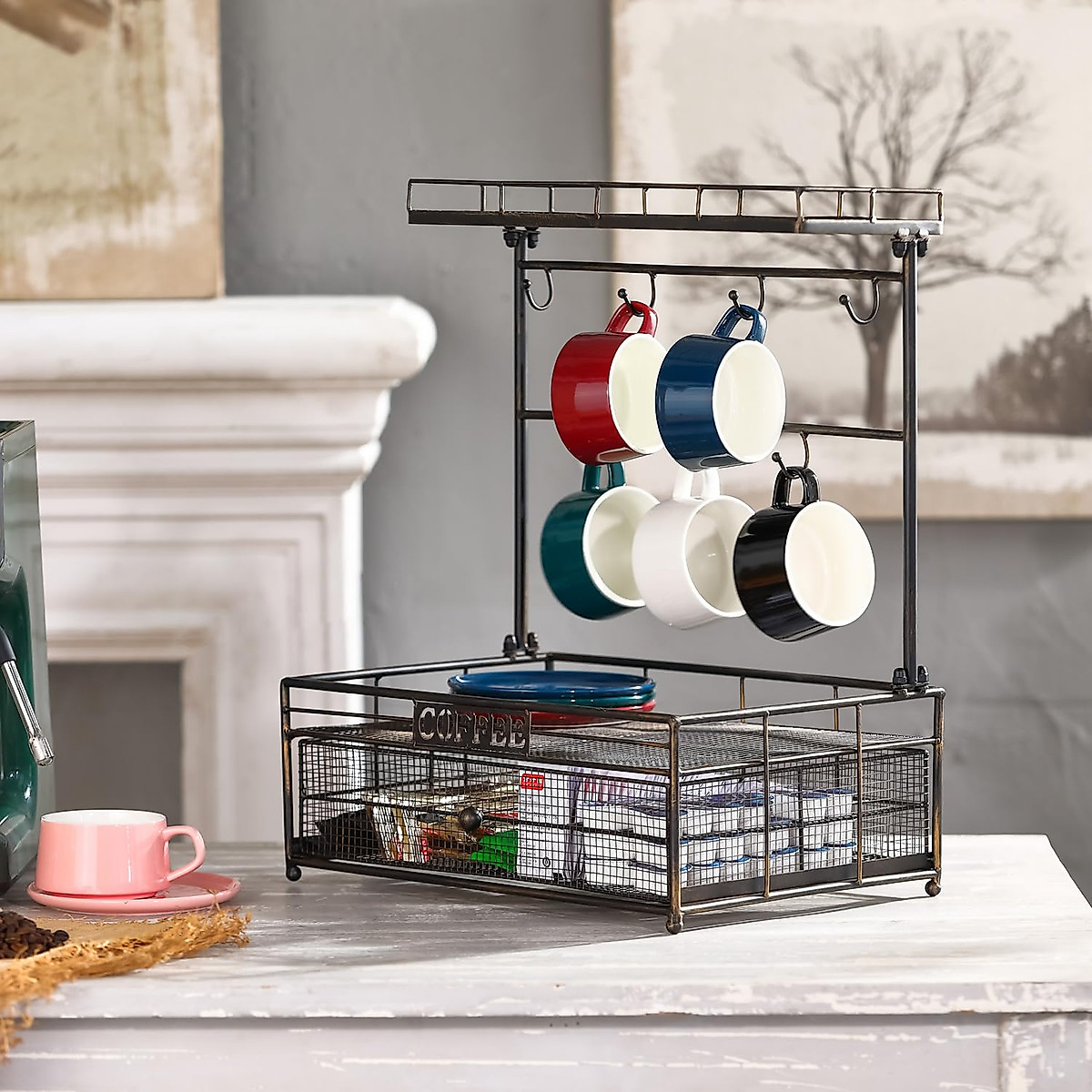 Aifeorzo Coffee Mug Holder, 2 Tier Industrial Countertop Mug Display Rack, 7 Mugs Coffee Cup Stand with Coffee Pod Drawer, Large Metal Cup Tree Holder Stand for Coffee Bar Kitchen, Black