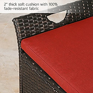Iwicker Patio Wicker Storage Bench,Outdoor Rattan Deck Box with Cushion, Red