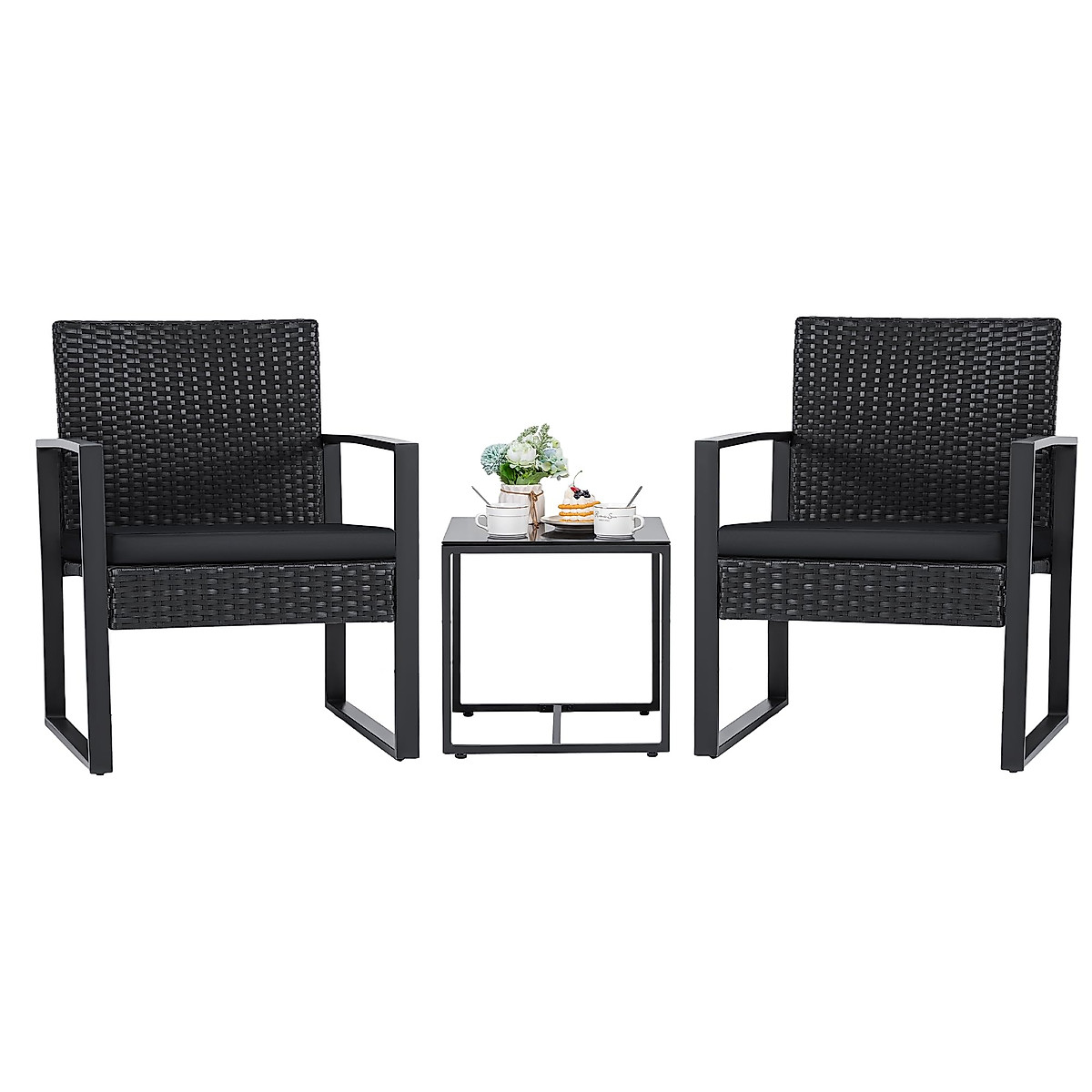 Flamaker 3 Pieces Patio Set Outdoor Wicker Patio Furniture Sets Modern Bistro Set Rattan Chair Conversation Sets with Coffee Table for Yard and Bistro (Black)